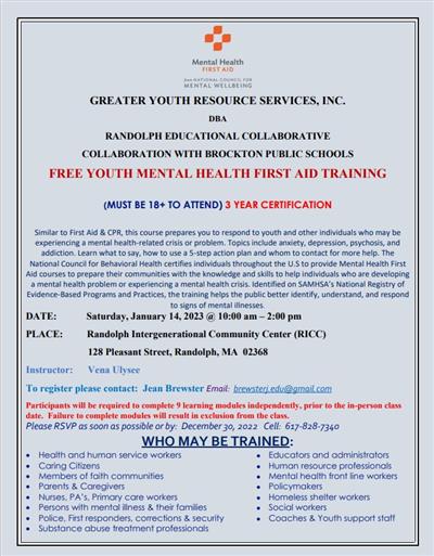Randolph Community Programs: Youth Mental Health First Aid (YMHFA)